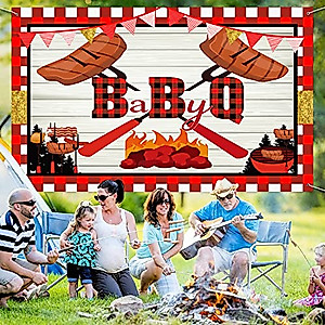 SHANSHUIART BBQ Theme Party Backdrop banner Wooden Board White and Red Lattice Background Barbecue Baby Shower Party Decorations Supplies