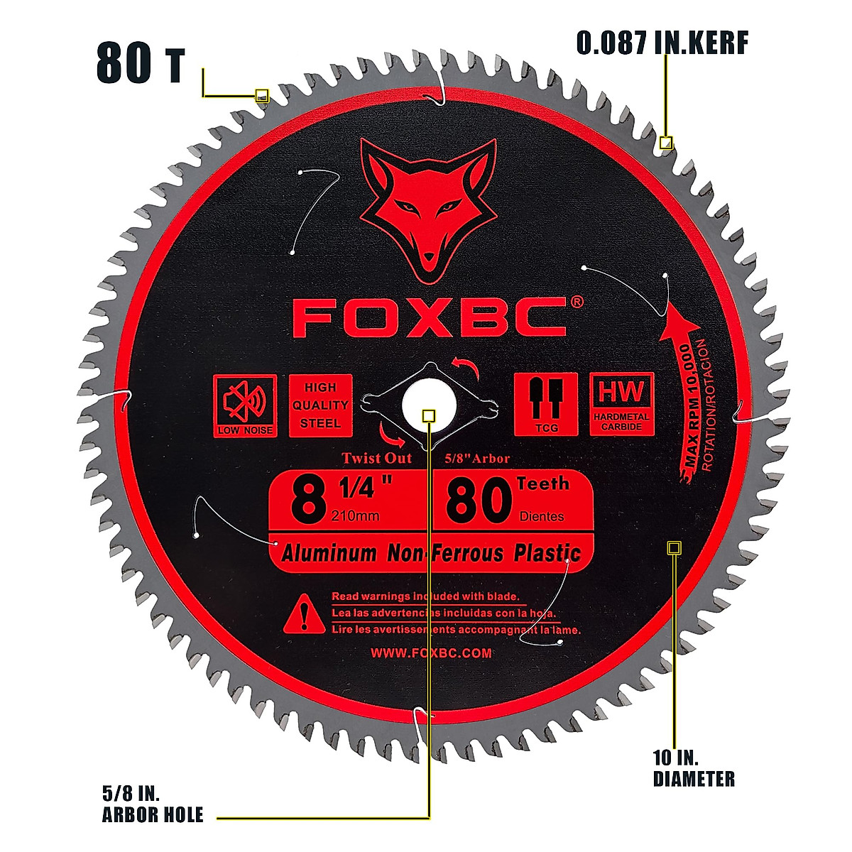 FOXBC 8-1/4 Inch Metal Cutting Table Saw Blade 80-Tooth TCG for Aluminum, Copper, Plastic, Brass, Fiberglass with 5/8-Inch Arbor