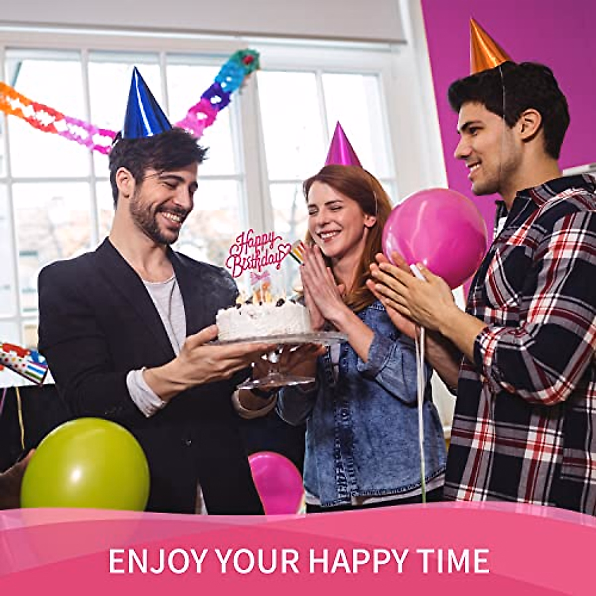 Hot Pink Happy Birthday Cake Topper Plastic - 3D Double Sided Happy Birthday Sign for Cake with Bow, Idea for Birthday Cake Decoration and Birthday Photo Booth Props (HOT PINK)