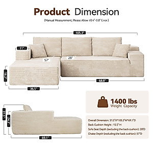 CAODOC 104" Cloud Sectional Couch with Comfy Chaise, Boneless L Shape Sofa with Deep Seat, Minimalist Modular Couches Sleeper for Living Room Bedroom Apartment Lounge,Beige