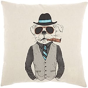 Nourison Mina Victory Trendy, Hip, New-Age Cigar Sunglasses Dog 18" x 18" Natural Indoor Throw Pillow