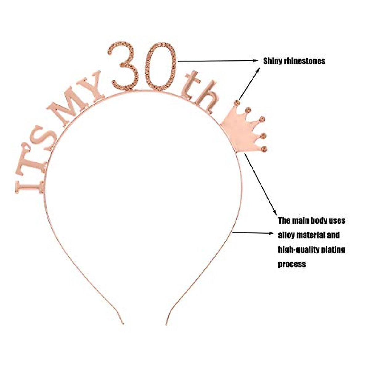 30th Birthday Girl Sash Headband,Rose Gold Birthday Tiara Sash for Women,Birthday Headpiece,30th Birthday Decorations for Her