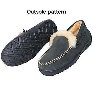 PEDOQU Men's Moccasin Slippers Genuine Suede Uppers Shearling Lining Memory Foam House Shoes, Indoor and Outdoor Warm Loafer