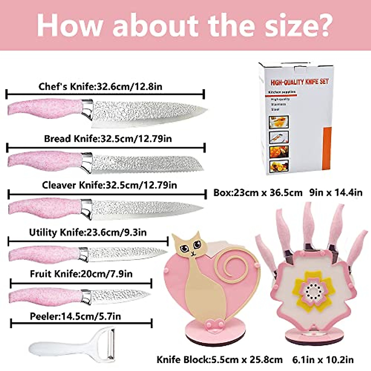 Kitchen Knives Set,7 Pcs Knife Block Set with Heart Acrylic Knives Holder Block,Non-stick Stainless Steel Cooking Knives Sets for Chef Cooking Cutting (Pink02)