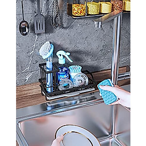Consumest Sponge Holder for Kitchen Sink, Sink Caddy Kitchen Sink Organizer with Removable Drip Tray for Countertop Dish Soap Holder Dispenser Brush Holder, 304 Stainless Steel - Black