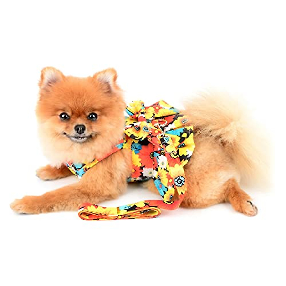 SMALLLEE_LUCKY_STORE Dog Floral Harness Dress with Leash Set,Bow Puppy Princess Dress for Small Medium Dog Cat Girls Adjustable Pet Skirt with D-Ring Female Dog Clothes Summer Apparel,Orange,L