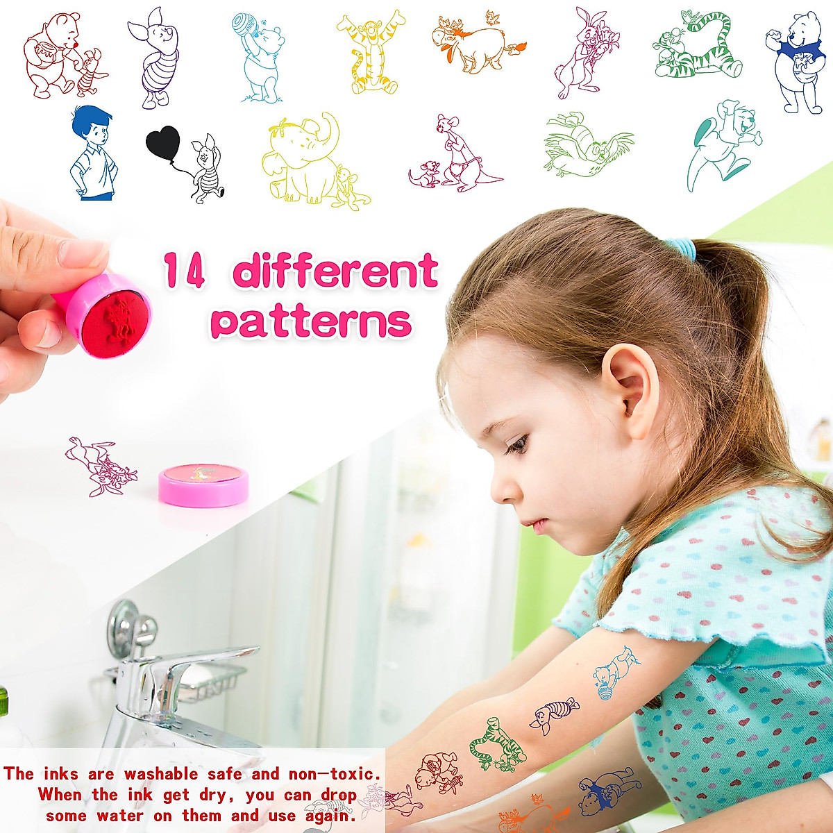 Nacipier 124PCS Bear Baby Shower Party Favor Supplies, Themed Birthday Decorations Including 12 Bracelets, 12 Keychains, 12 Button Pins, 50 Stickers, 14 Stampers, 12 Bubble Wands and Stickers