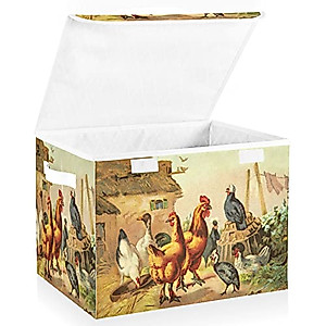 Kigai Rooster Lidded Home Storage Bins, Foldable Storage Basket with Double Handle, Flip-Top Storage Box for Toys Clothes Documents