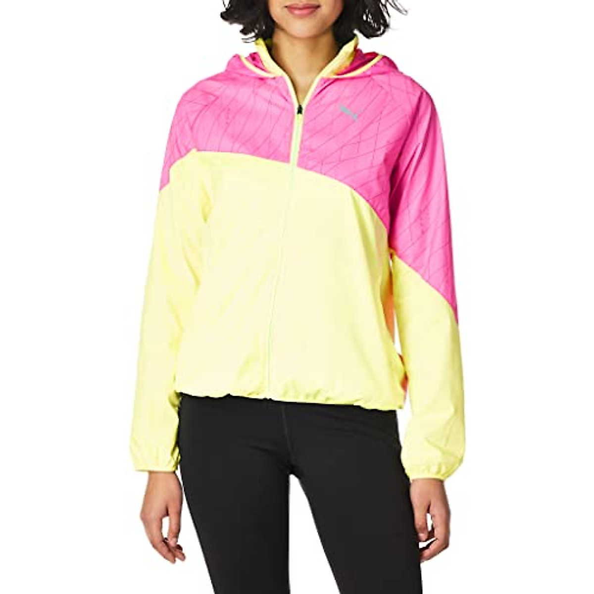 PUMA Women's Run Graphic Hooded Jacket, Fizzy Yellow-Luminous Pink, M
