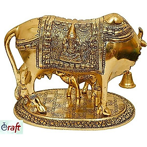 LCRAFT Brass Murti Kamdhenu Cow & Calf | Nandi Cow Decorative Showpiece | Cow with Calf Statue Idol for Diwali II Wedding II Pooja Room II Temple II Gifting | Gold and Silver (14 x 8 x 12.5 cm