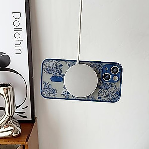 Skyseaco for iPhone 13 Mini Case Compatible with MagSafe for Black Frosted PC Back Protector Flower Shockproof Purple Floral Blooms Design Protective Women Girls Phone Case - Flower Blooms/Dark Blue