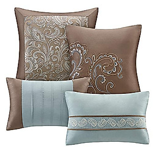 Madison Park Essentials Brystol 24 Piece Room in a Bag Faux Silk Comforter Jacquard Paisley Design Matching Curtains Down Alternative Hypoallergenic All Season Bedding-Set, King (104 in x 92 in), Blue