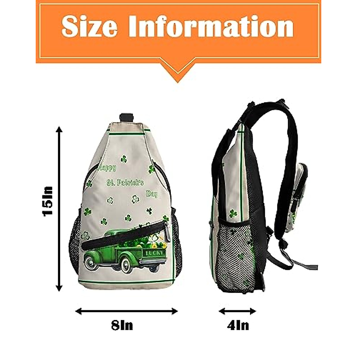 Gsypo Sling Backpack, St.Patrick's Day Shamrocks Truck Linen Waterproof Lightweight Small Sling Bag, Travel Chest Bag Crossbody Shoulder Bag Hiking Daypack for Women Men