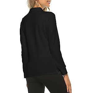 AjezMax Womens Golf Tennis Polo Shirts Long Sleeve Sun Protection Quick Dry Lightweight Casual Button Sports Athletic Tops Black Large