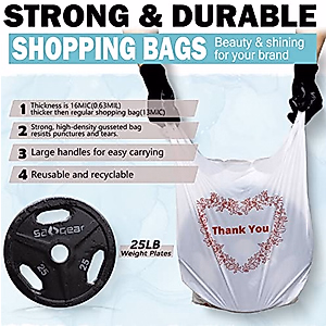 Plastic Shopping Bags, Thank You bags, Reusable and Disposable Grocery Bags, Standard Size Supermarket Bags 11x6x21 100 Pieces (Flower Heart)