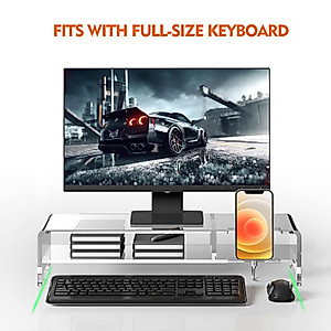 BEYGORM Acrylic Monitor Stand Riser, Wide 20", 2 Tier Computer Stand with Storage, Desk Organizer Desktop Printer Stand Laptop Storage Shelf Screen Holder with Phone Holder(Clear)