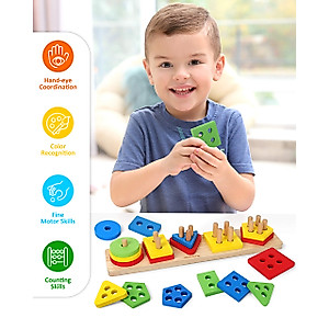 Coogam Wooden Sorting Stacking Montessori Toys, Shape Color Recognition Blocks Matching Puzzle Stacker Geometric Board Early Educational Puzzles for Years Old Boys and Girls