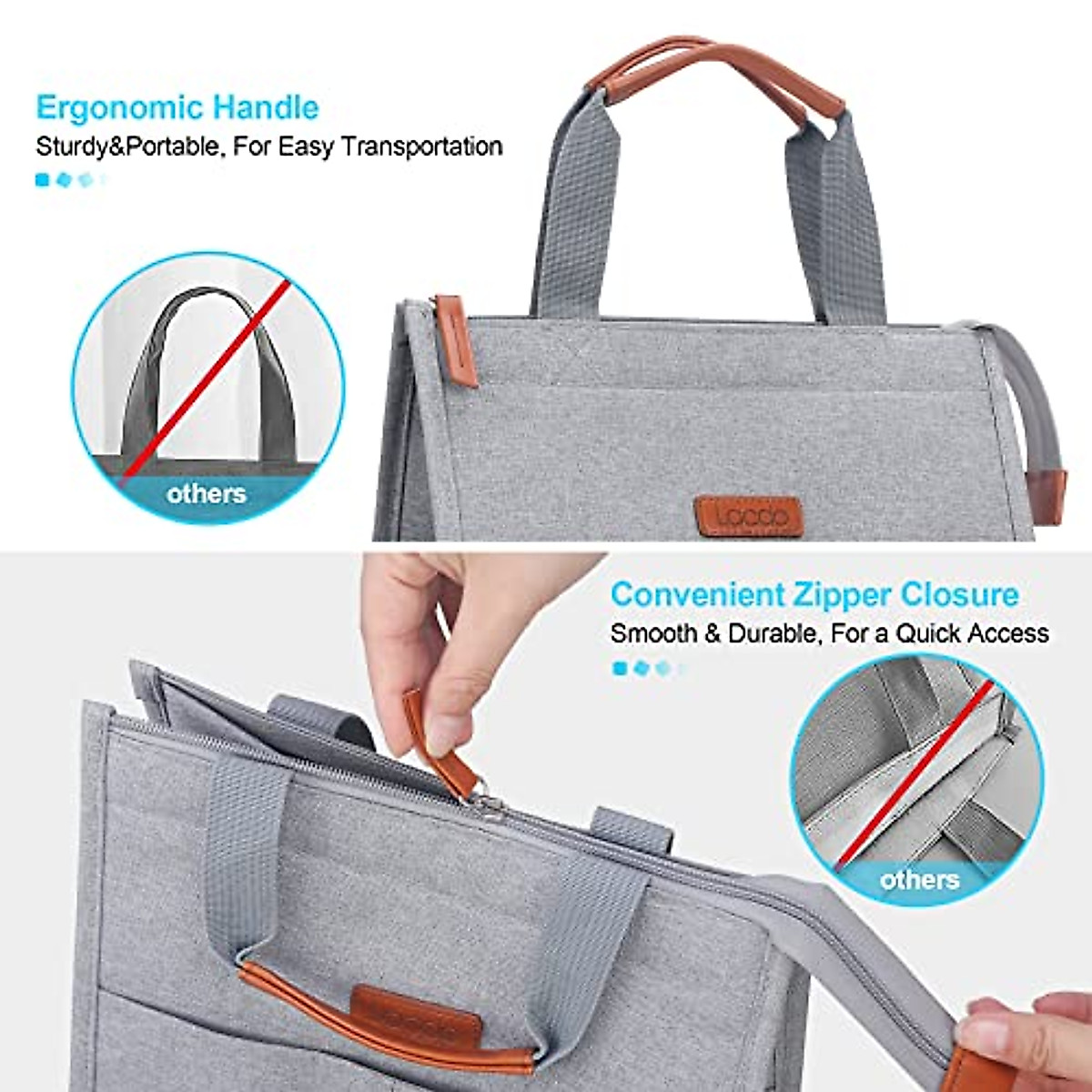 Lacdo Lunch Bag for Women Men Insulated Lunch Tote Bags Waterproof Reusable Lunch Box Soft Cooler with Pockets for Work Travel Picnic, Gray