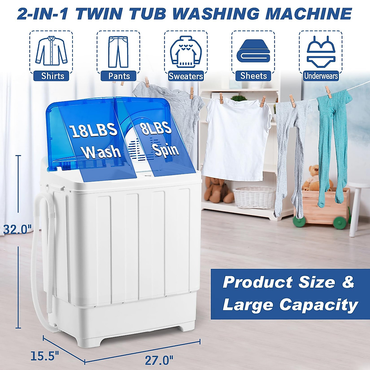 Avocahom Portable Washing Machine, 26/28Lbs Capacity Twin Tub Washer and Dryer Combo, Mini Compact Laundry Machine w/Control Knobs, Built-in Drain Dump & Timer Control, for Home/RV/Dorm/Apartment