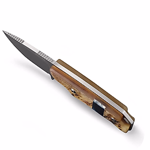 Cool Hand 5.98" Knife with Leather Sheath, Full Tang Compact Horizontal Carry Knife, Leather Belt Loop Sheath with Buckle, Outdoors Drop Point 440C Fixed Blade, Ram Horn Handle