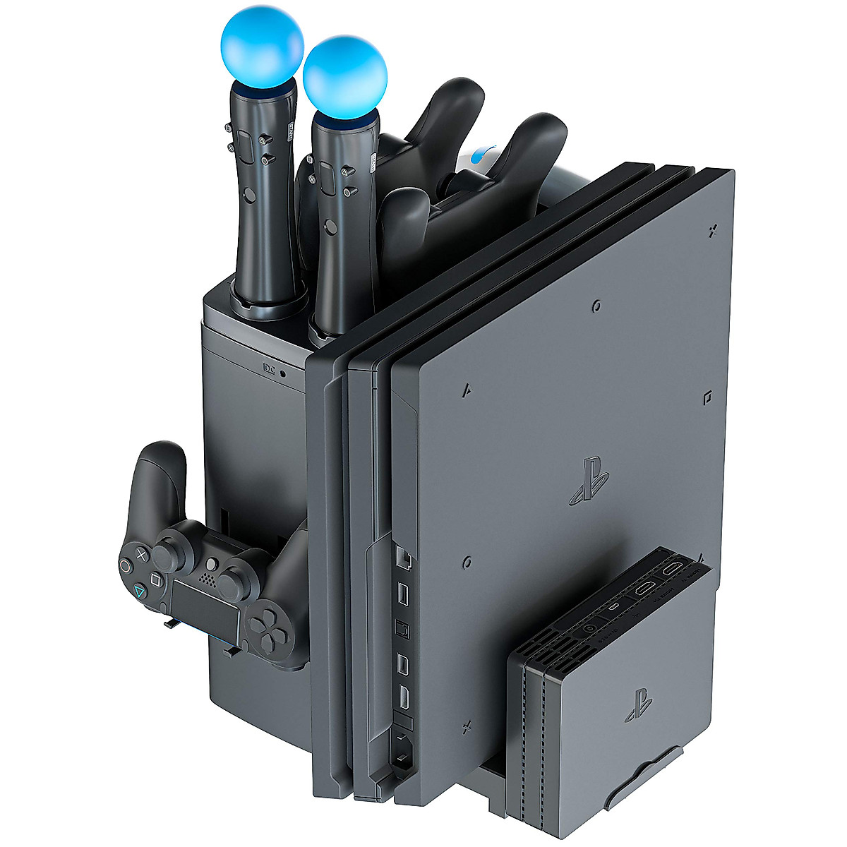 Skywin- Charging Station Compatible with PS4 VR Headset, PSVR Charging Station Stand with Game Disc Rack, Headset and Console Stand, Cooling Fan, Controller Charger and USB Hub - Multipurpose VR Stand