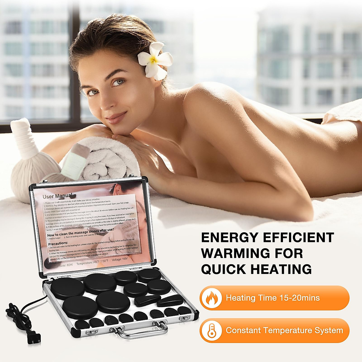 SLIMSTY Hot Stones Massage Set, 18 Pcs Basalt Hot Stones with Heater Kit, Massage Stones for Professional or Home spa, Relaxing, Healing, Pain Relief