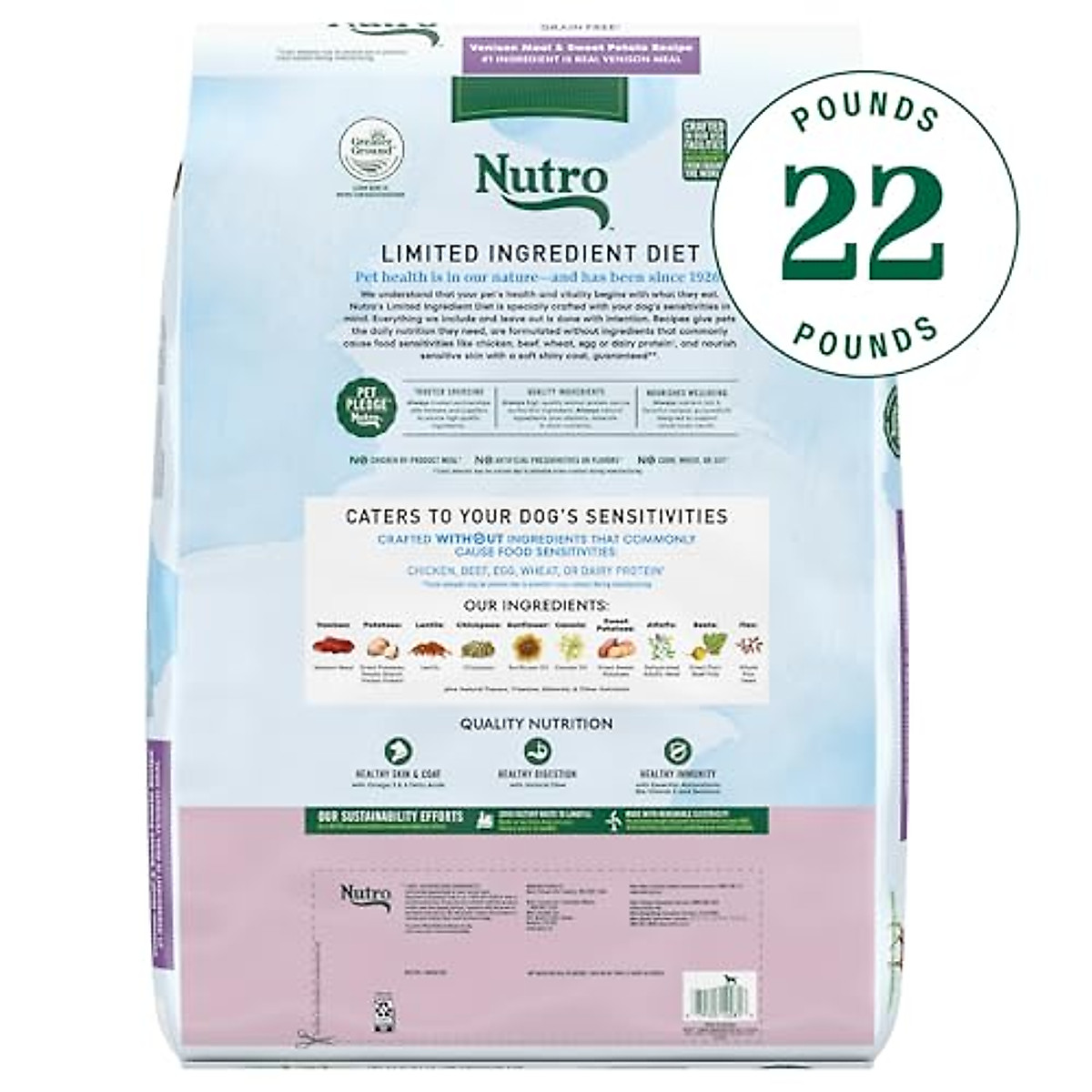 NUTRO Limited Ingredient Diet Adult Dry Dog Food Venison Meal & Sweet Potato Dog Kibble, 22 lb. Bag