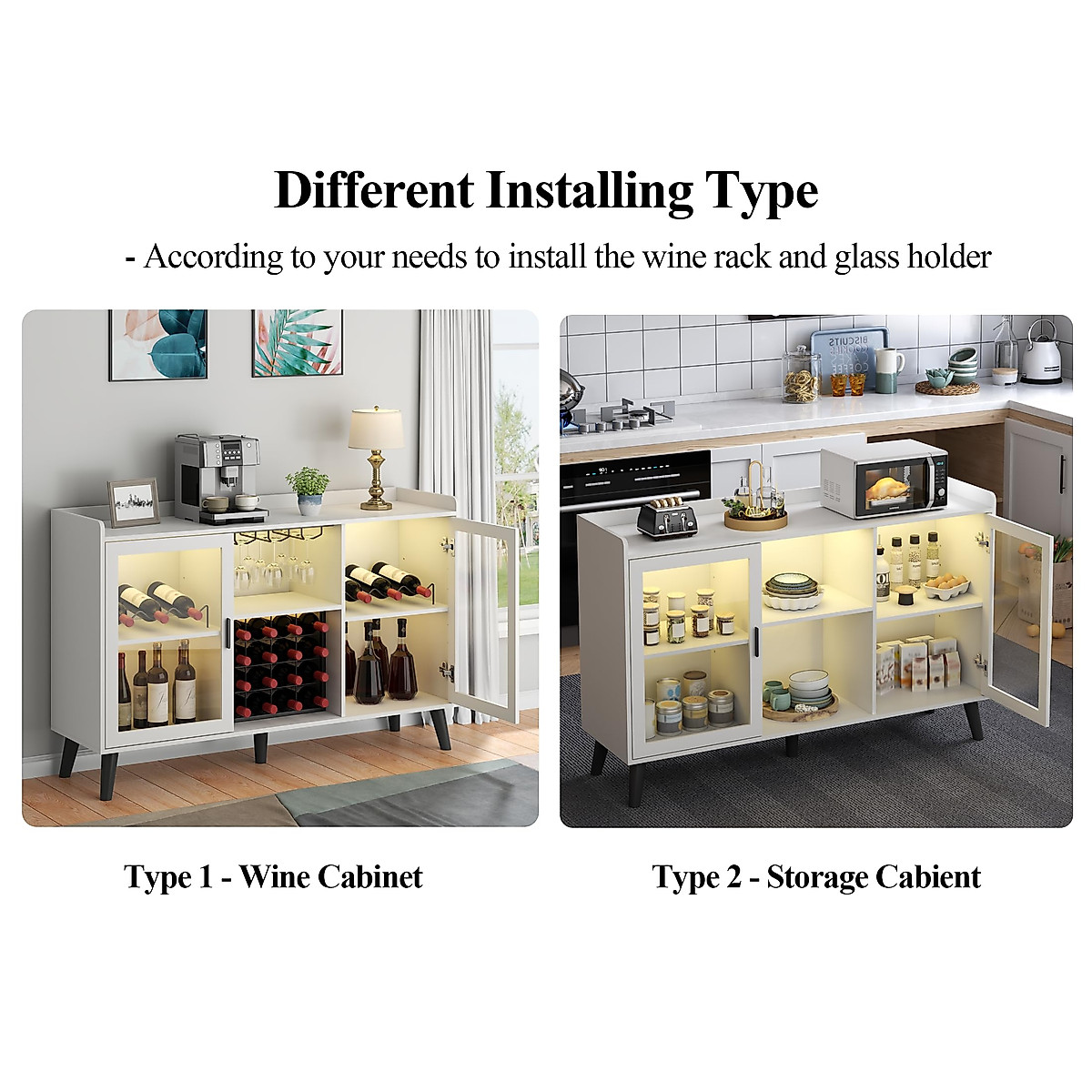 Auromie Wine Bar Cabinet with Led Light, Home Coffee Cabinet with Wine and Glass Rack, Kitchen Buffet Sideboard with Storage Shelves, Freestanding Liquor Cabinet for Living Room, Dining Room (White)