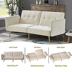 Anwick Velvet Convertible Futon Sofa Bed, Memory Foam Futon Couch Sleeper Sofa, 77.5''Modern Loveseat Sofa with Adjustable Backrest and Armrests for Home Living Room Office (Beige)