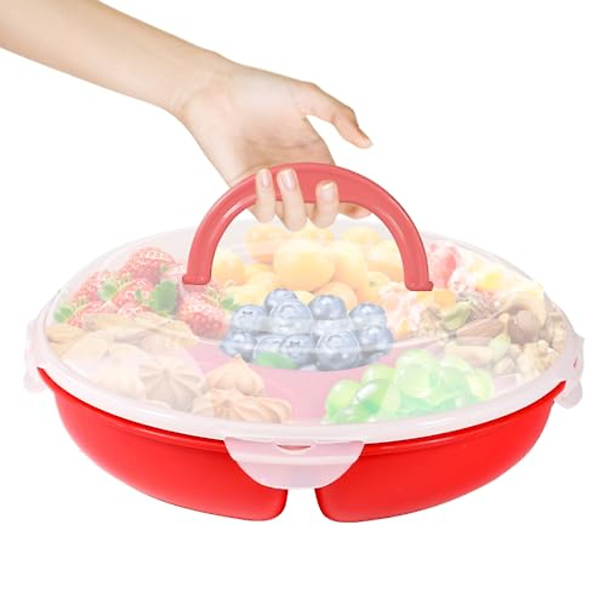 FEOOWV 78oz Food Storage Container With Dividers-Halloween Candy Tray with Lid and Handle 6 Compartments for Party Platter,Vegetable Relish Fruit Tray,Snackle box (Red)