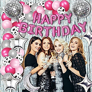 Refavor Disco Birthday Party Decorations - 60pcs Western Disco Party Decorations Pink Silver Backdrop Disco Ball Hot Pink Happy Birthday Balloons Decor Birthday Decorations Supplies Cowgirls Women