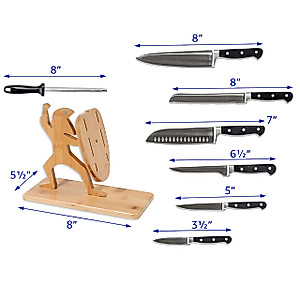 Trademark Innovations Spartan Warrior Pinewood Knife Block Holder with 6 Knives and Sharpener Included