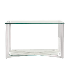 Uptown Club Stampley Modern Table for Living Room with 2 Tempered Glass Shelves and Polished Stainless Steel Frame, Silver