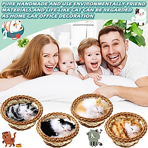 Civaner 4 Pcs Sleeping Cat in Basket Doll Toy Lovely Mini Kitten in Woven Realistic Fake Fluffy Hand Gift Plush Stuffed Decor with Meows Sounds for Office Desk Boys Girls