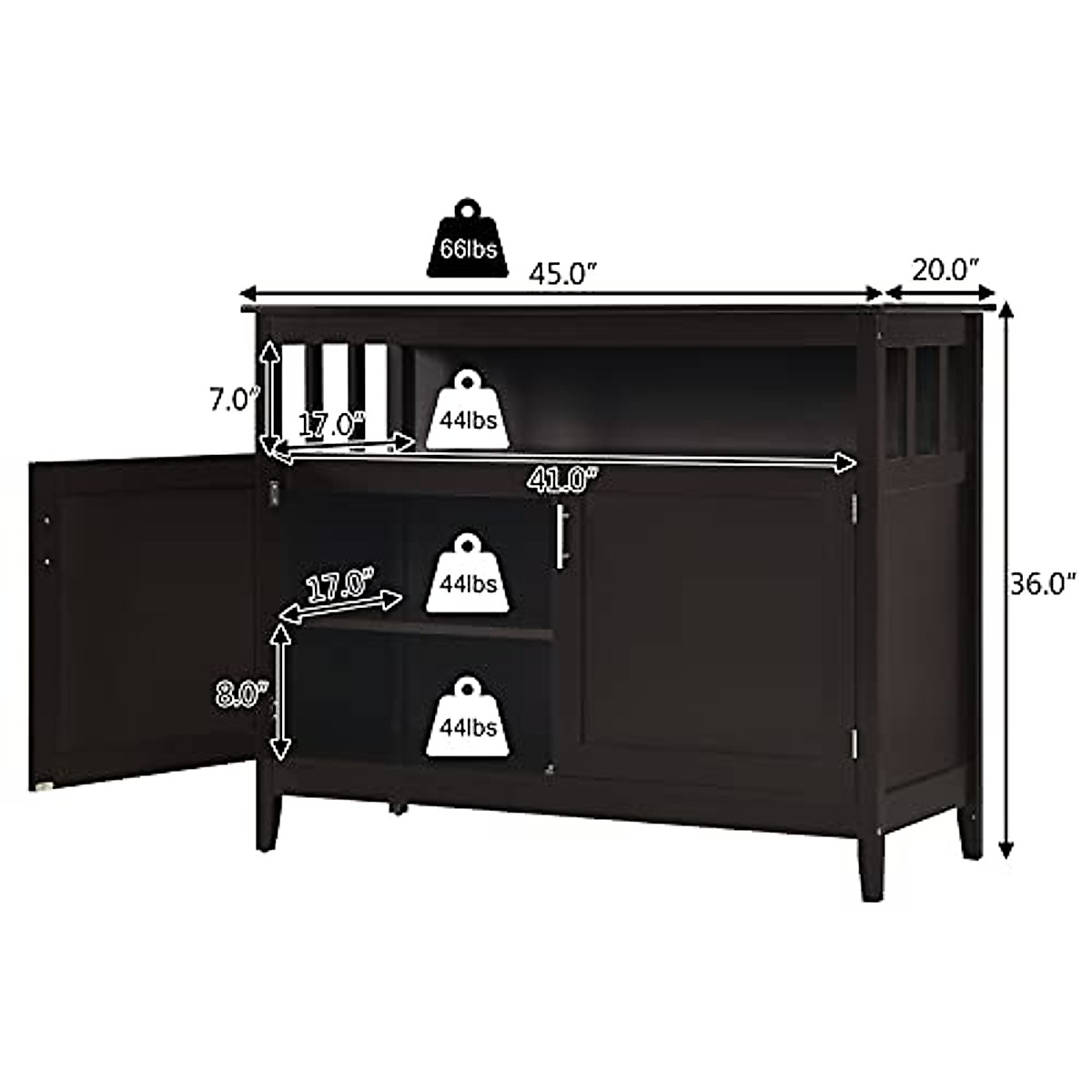 Costzon Buffet Cabinet with Storage, 45"L x 20"D x 36"H Large Wooden Kitchen Sideboard with 2-Level Shelf, Open Doors, Coffee Station Side Boards for Living Room, Home Coffee Bar, Bathroom (Espresso)