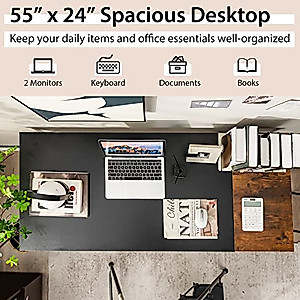 Tangkula 55” Computer Desk, Large Home Office Desk with 2-Tier Storage Shelves, Modern Laptop PC Desk with Heavy-Duty Steel Frame, Multipurpose Writing Desk Study Desk (Black)