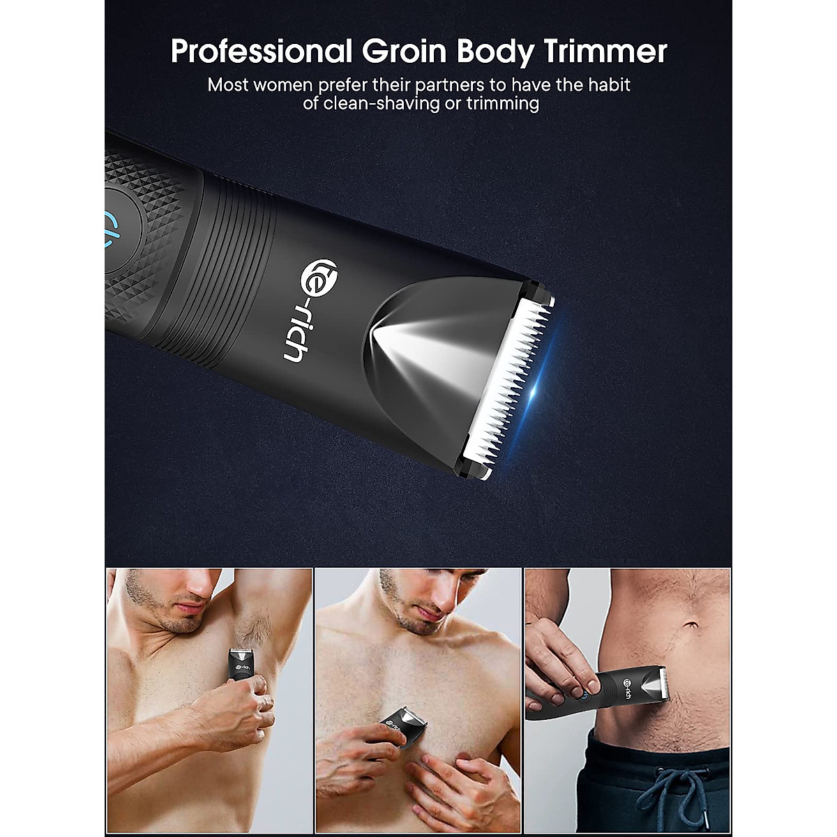 Te-Rich Body Groin Hair Trimmer for Men, Replaceable Ceramic Blade Heads, Waterproof Wet & Dry Clippers, LED Light and Standing Dock, Ultimate Male Hygiene Razor and Electric Body Shavers for Balls