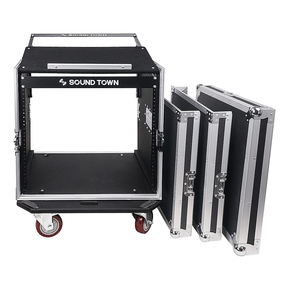 Sound Town Enhanced 1/2" (12mm) Plywood 10U PA DJ Pro Audio Rack/Road ATA Case with 11U Slant Mixer Top, 20’’ Rackable Depth and Casters, 10 Space Size, Pro Tour Grade (STMR-10UW)