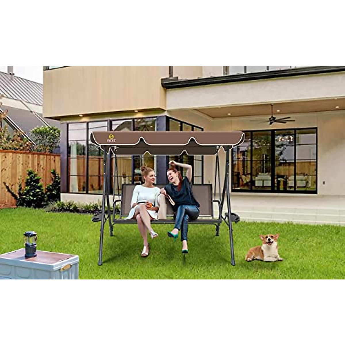Nice C Patio Swing, Porch Swing Bench, Canopy Glider, with Adjustable Tilt, Three Seat (Brown)