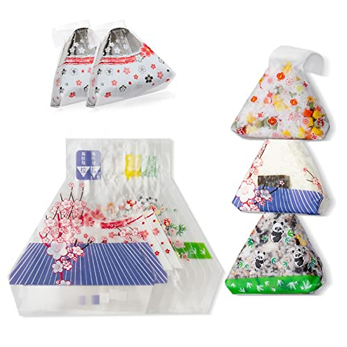 BRATA Triangle Onigiri Wrappers Plastic Rice Balls Bags, 100PCS Japanese Easy Tear Disposable Onigiri baggies with Stickers