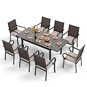 PHI VILLA 9 Piece Outdoor Extendable Dining Set for 8, Expandable Rectangular Metal Dining Table & 8 Rattan Chairs for Patio, Deck, Yard