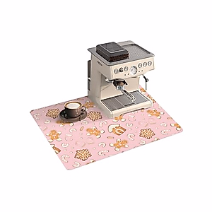 Coffee Mat for Counter, Christmas Cute Gingerbread Man Pink Absorbent Hide Stain Coffee Bar Mat, Non-slip Coffee Bar Accessories Kitchen Drying Mat Fit Under Coffee Maker Espresso Machine