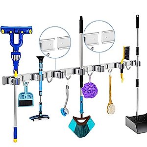 POPRUN Broom Mop Holder Organizer Wall Mounted with Slidable 7 Racks and 6 Hooks - Stainless Steel for Tool Organization and Storage, 47.25", Grey