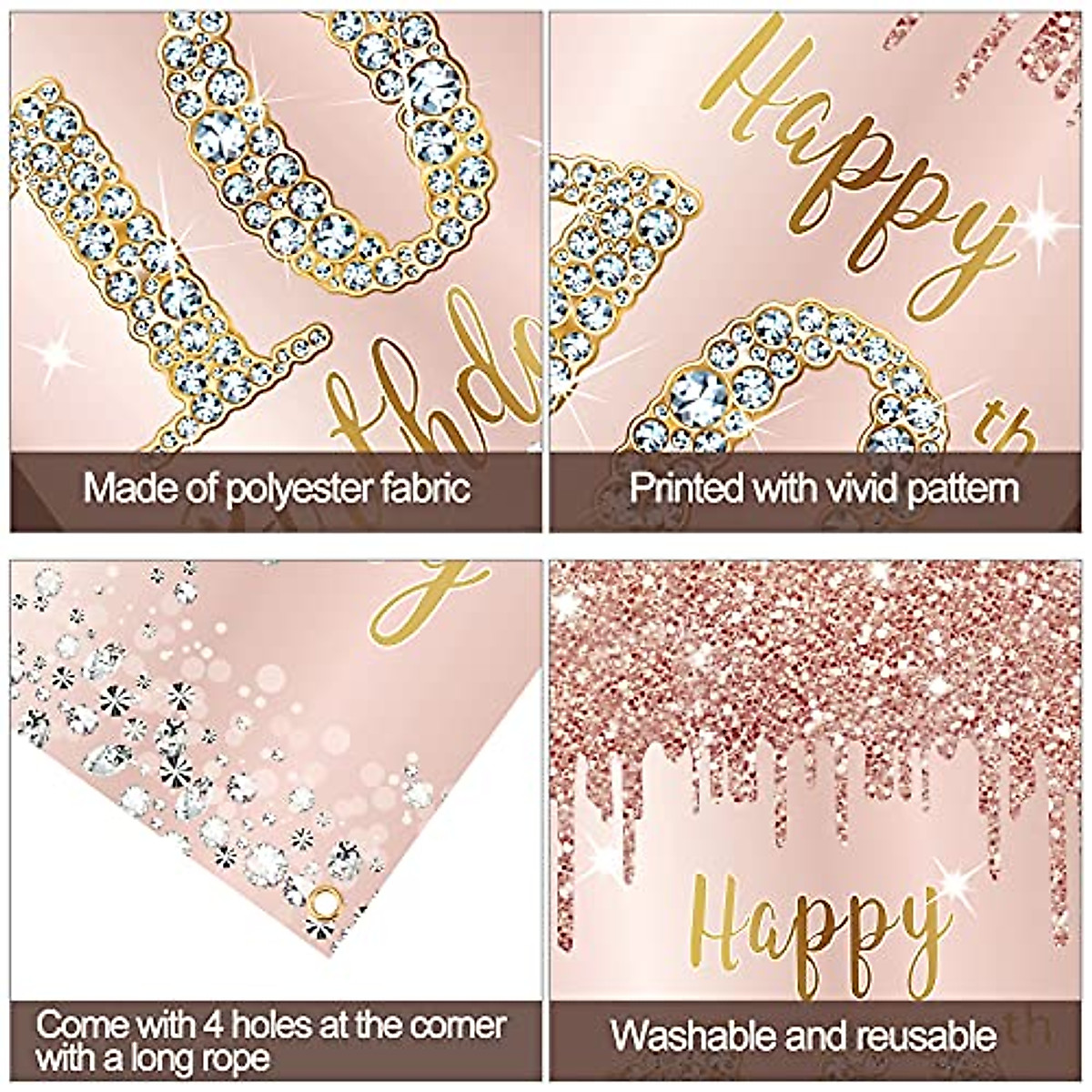 Happy 10th Birthday Door Banner Backdrop Decorations, Pink Rose Gold 10 Year Old Birthday Party Door Cover Sign Supplies, Large Ten Birthday Poster Background Photo Booth Props Décor