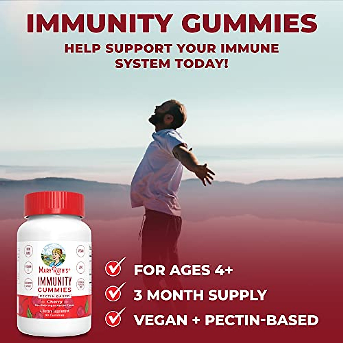 MaryRuth's Immune Support Elderberry Gummies with Echinacea | Vitamin C and Zinc for Adults & Kids | Immune Defense Gummy Vitamins | Cherry | Vegan | Non-GMO | 2 Pack | 90 Count
