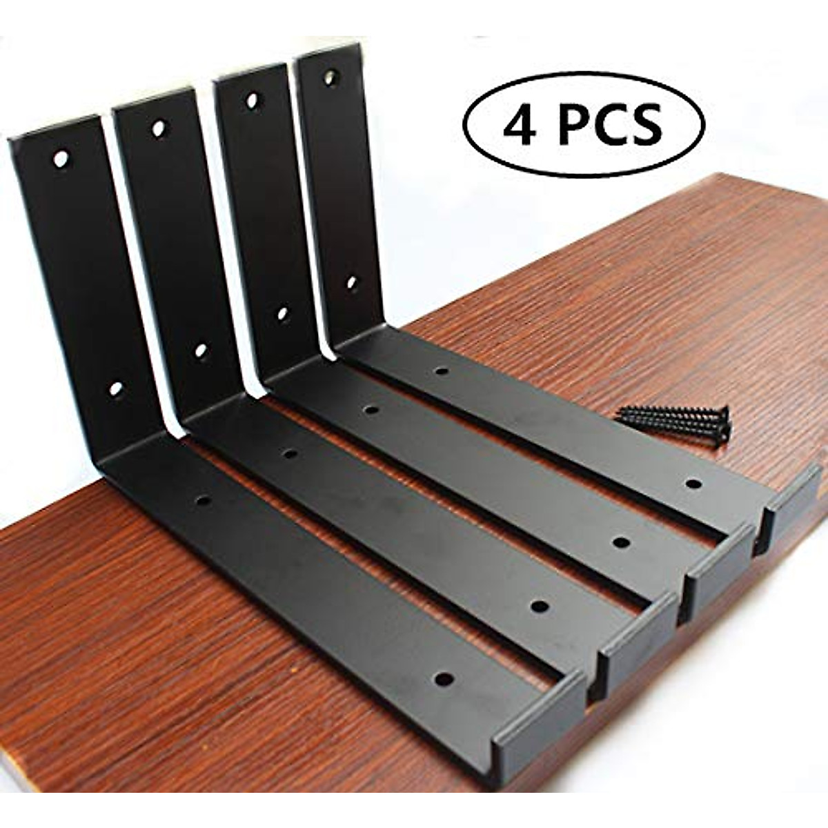 4 Pack - 9.25"L x 6"H x 1.5"W J Lip Shelf Bracket Rustic Industrial Farmhouse Iron Metal Wall Floating Shelf Bracket Metal Shelf Bracket, Industrial Shelf Bracket, Shelf Supports with Screws