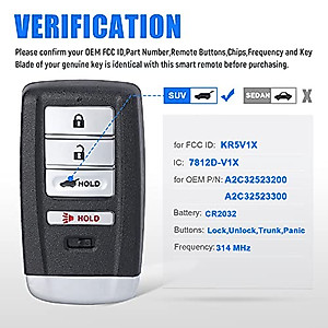 Keymall Car Smart Key Fob Keyless Entry Remote Key Replacement for Acura MDX 2014-2020 for Acura RDX 2016-2018 (FCC ID:KR5V1X P/N:A2C32523200) ID47 Chip 4 Buttons