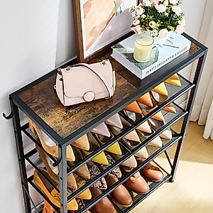 Tajsoon 5 Tier Shoe Rack Organizer for 16-20 Pairs of Shoes, Front Door Shoe Rack with 2 Hooks, Metal Mesh Shoe Shelf for Entryway, Shoe Storage with X Shape Fixed Frame, Rustic Brown & Black