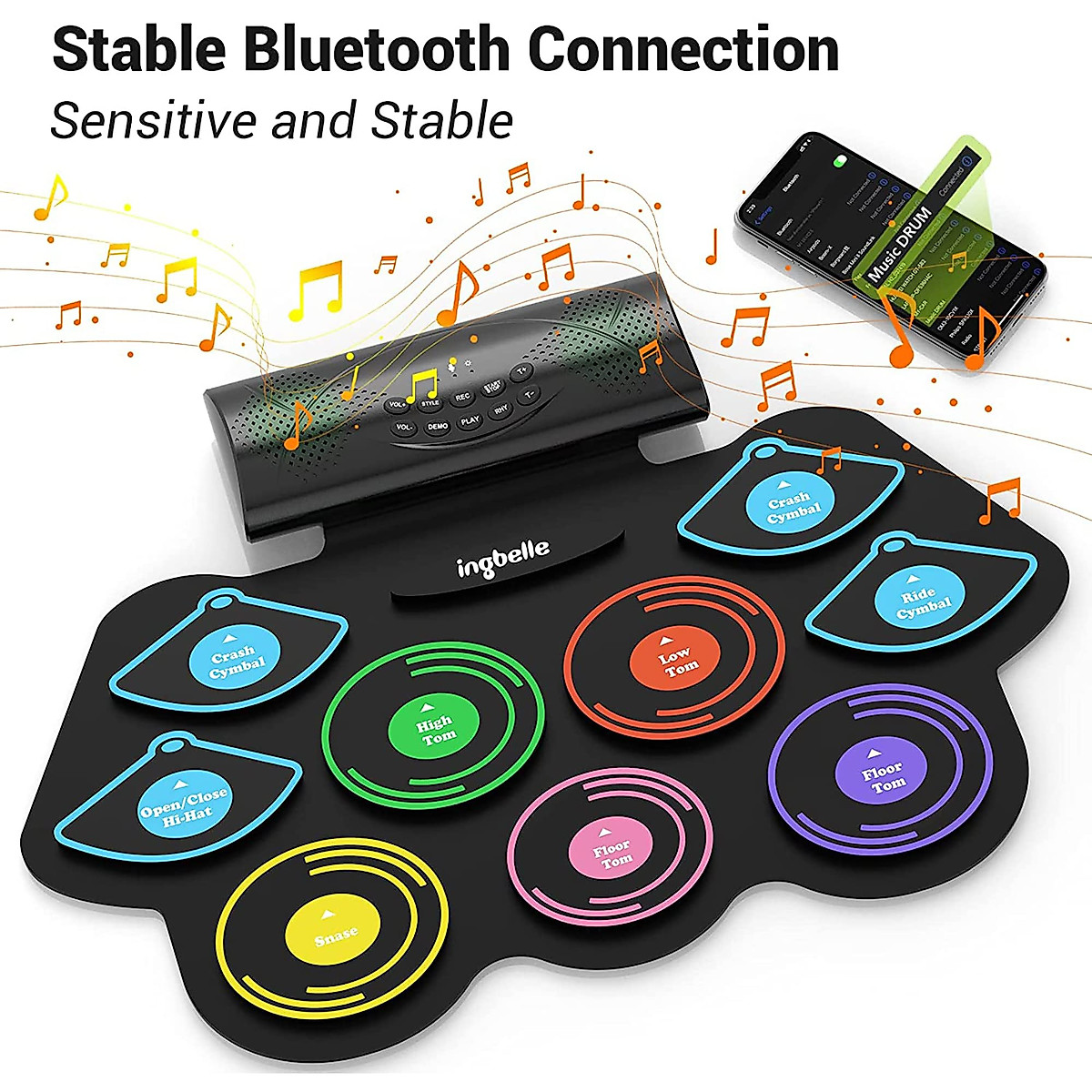 PAXCESS Portable 9 Pad Roll-Up Electronic Drum Set with Realistic Sounds, Foot Pedals, Drumsticks, Built-In Speaker, and Rechargeable Battery