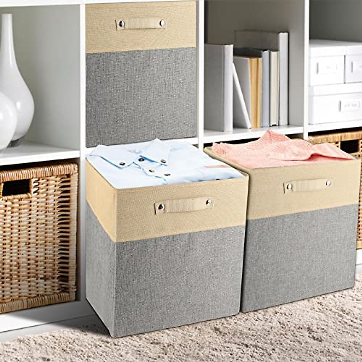 Awekris Storage Cubes, 13 Inch Foldable Storage Bins with Sturdy Handles, 3 Pack Fabric Clothes Organizer Storage Baskets for Home Office Closet, Clothes, Toys, Beige